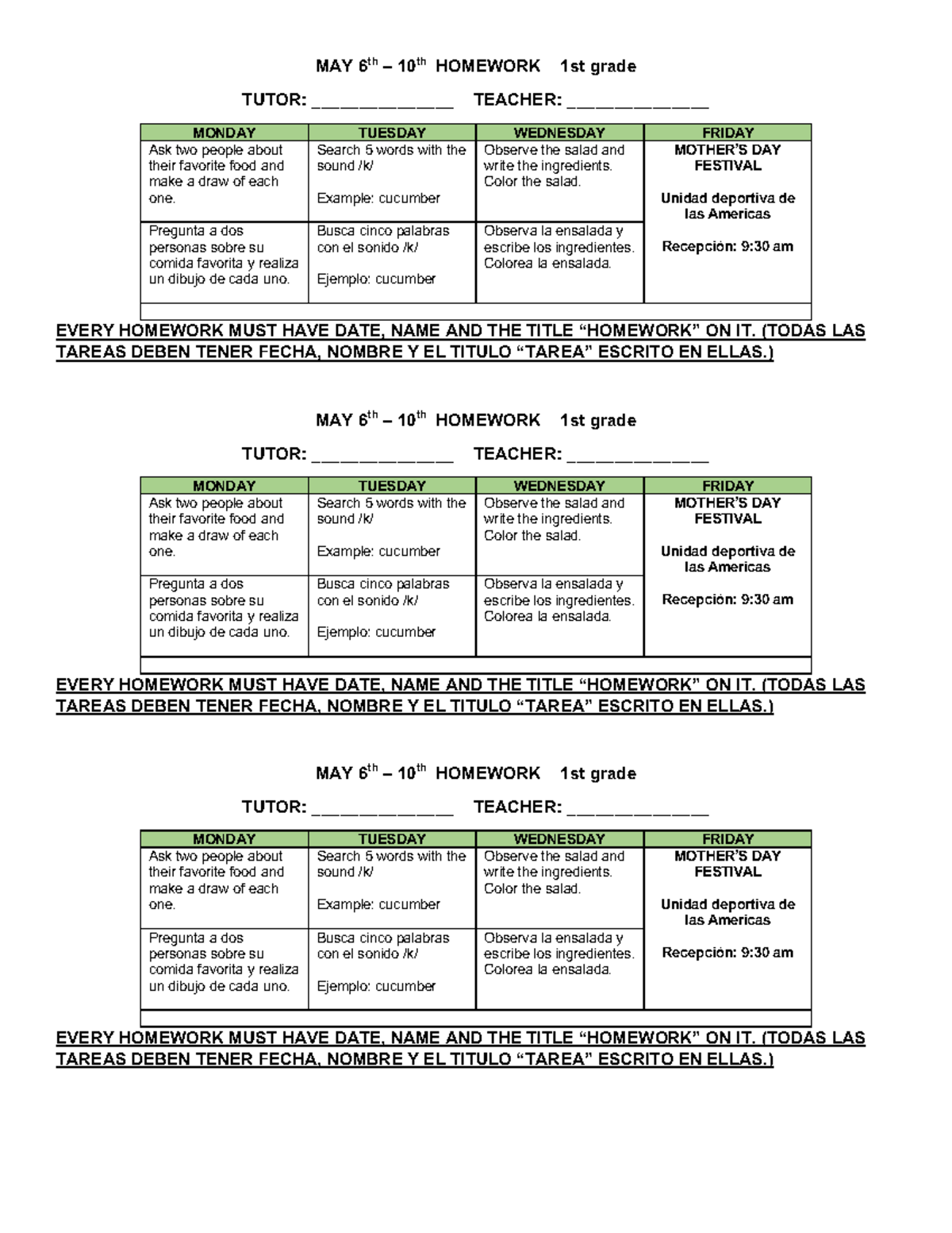 1st Grade Hmwrk 6 - 10 MAY - MAY 6 th – 10 th HOMEWORK 1st grade TUTOR ...