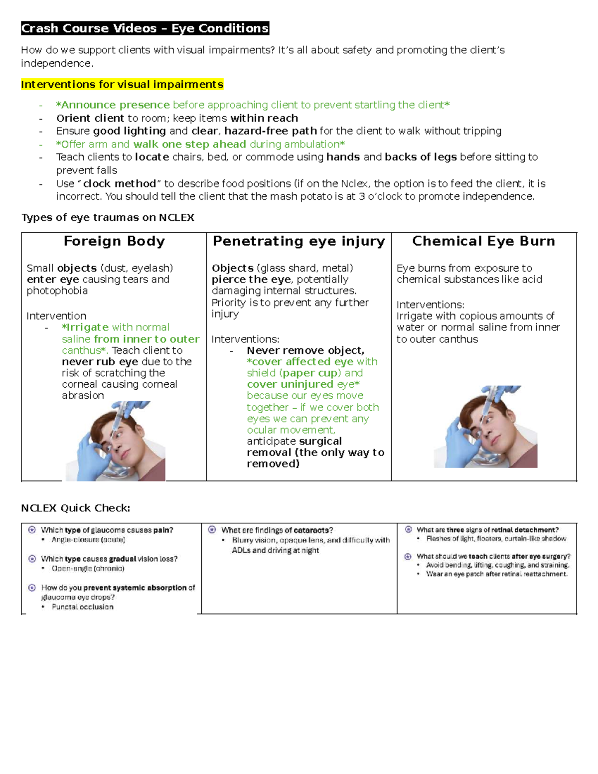 NCLEX Review: Eye Conditions & Client Support Strategies - Studocu