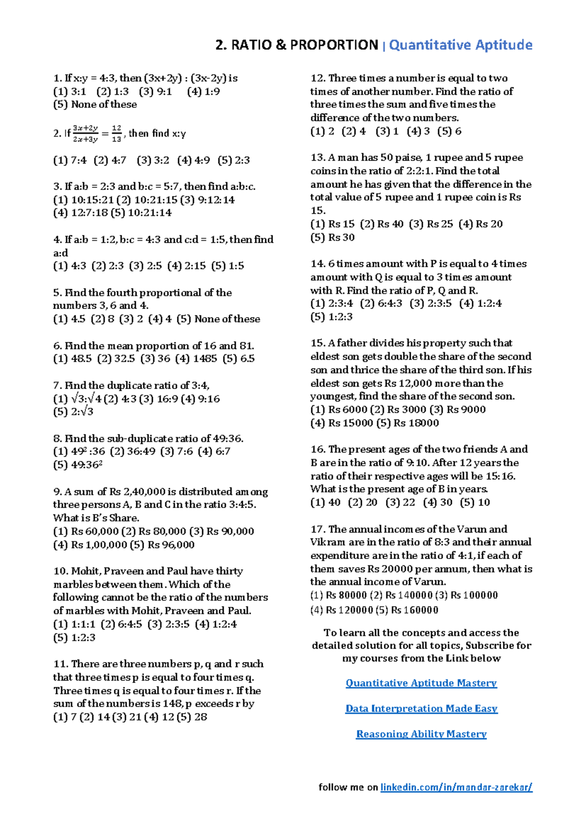 RATIO PROPORTION Practice Questions for Quantitative Aptitude - Studocu