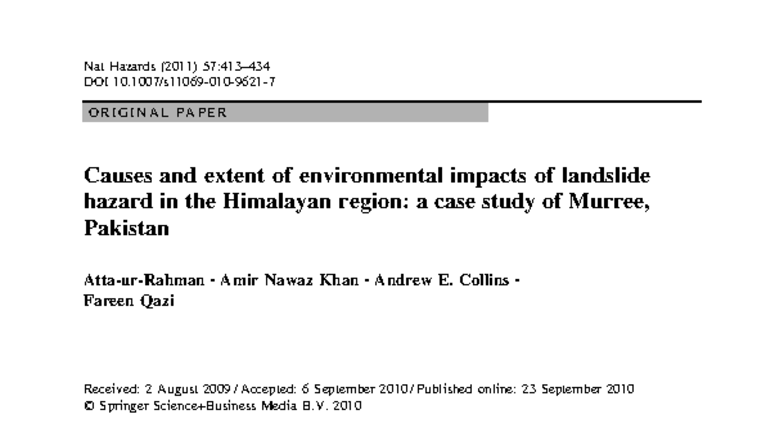 Causes and Impacts of Landslide Hazards in Murree, Pakistan (S11069 ...
