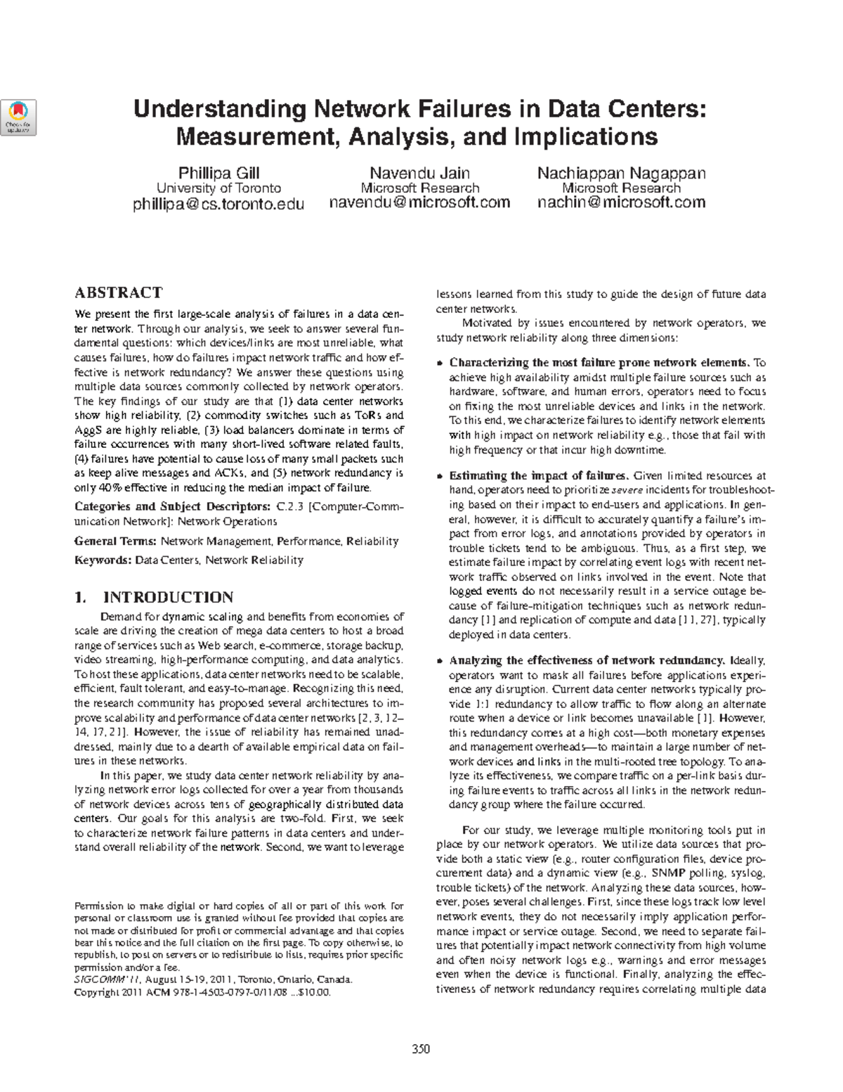Failures in dcn - Understanding Network Failures in Data Centers: Measurement, Analysis, and ...
