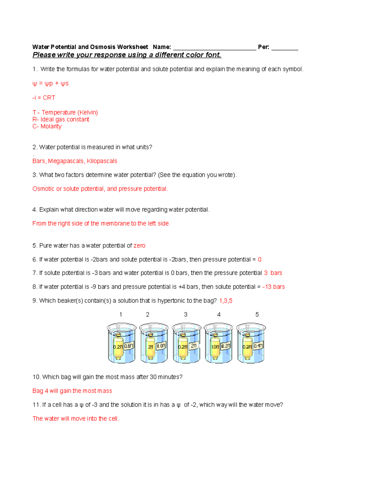 Water Potential and Osmosis WS - Study Guide and Worksheet - Studocu