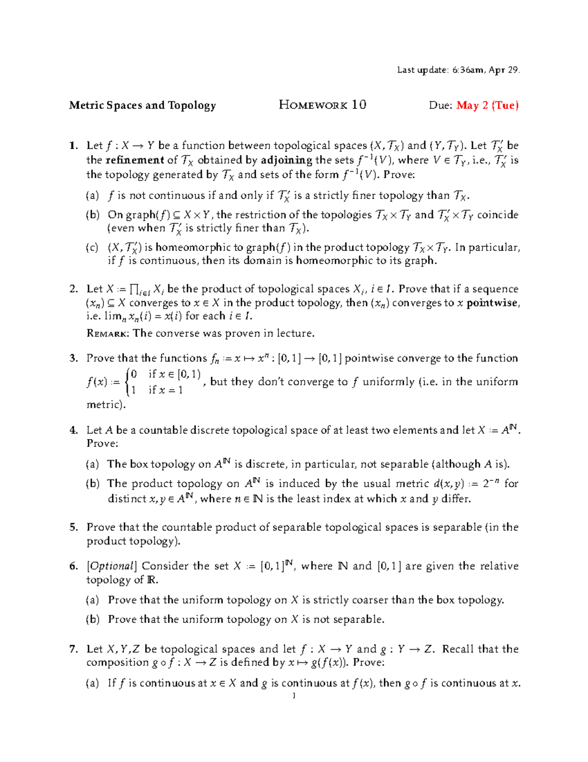 Math 101: Metric Spaces and Topology Homework 10 - Due May 2 - Studocu