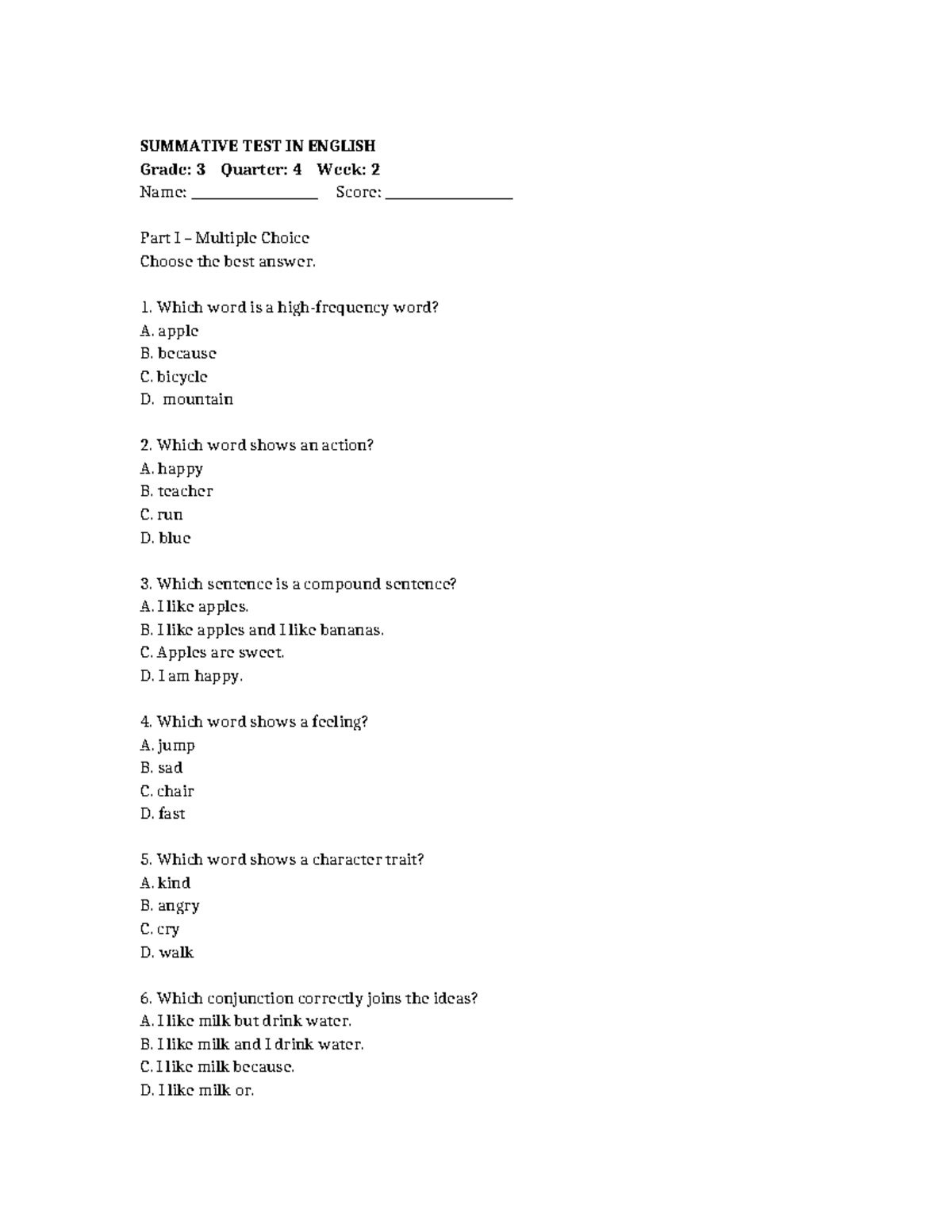 DTC SUMMATIVE TEST English 3 Q4 W2 - Multiple Choice & Fill-in - Studocu
