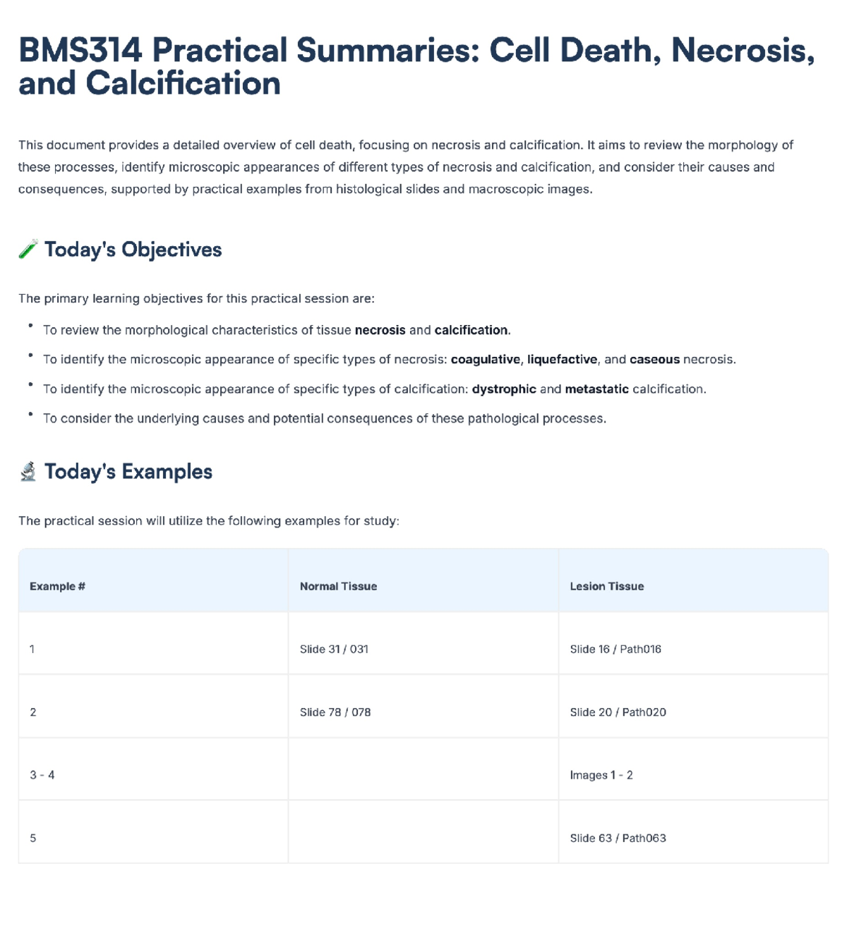 BMS314 Practical Summary: Cell Death, Necrosis & Calcification Insights ...