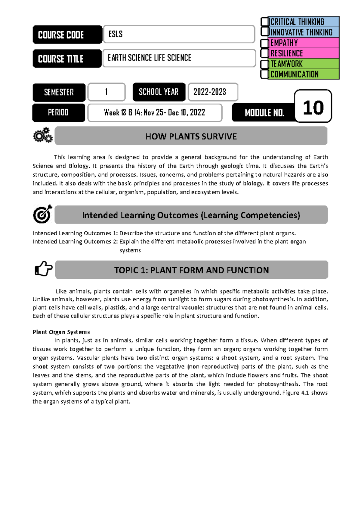 ESLS 10: How Plants Survive - Understanding Plant Structure & Function ...