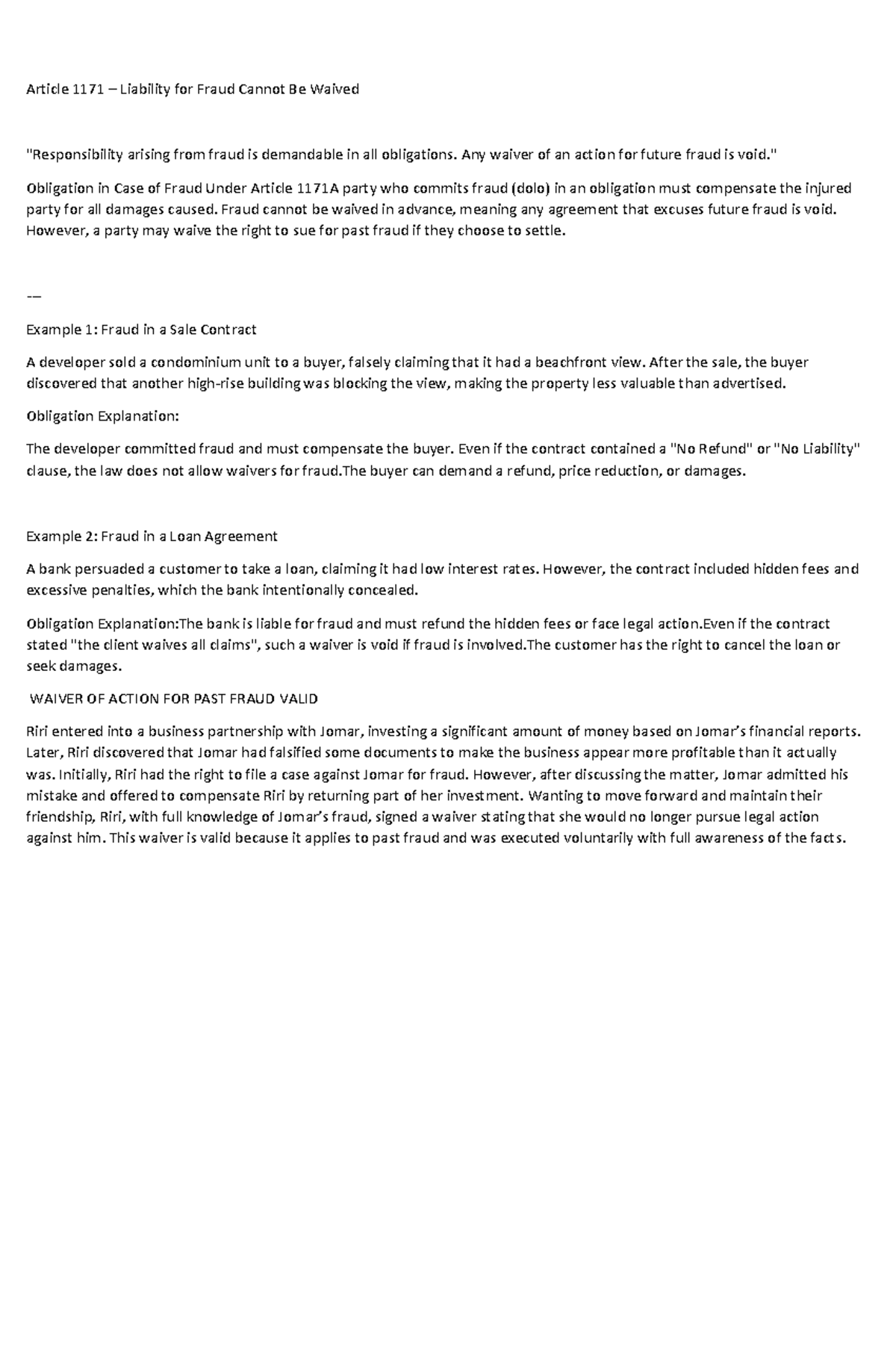 Article 1171 - Liability for Fraud: Obligations & Waivers in Contracts ...