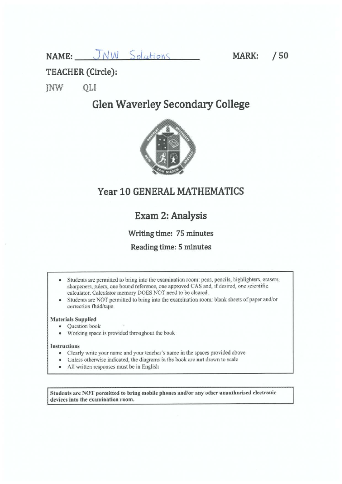 Year 10 General Mathematics Exam 2 - Studocu
