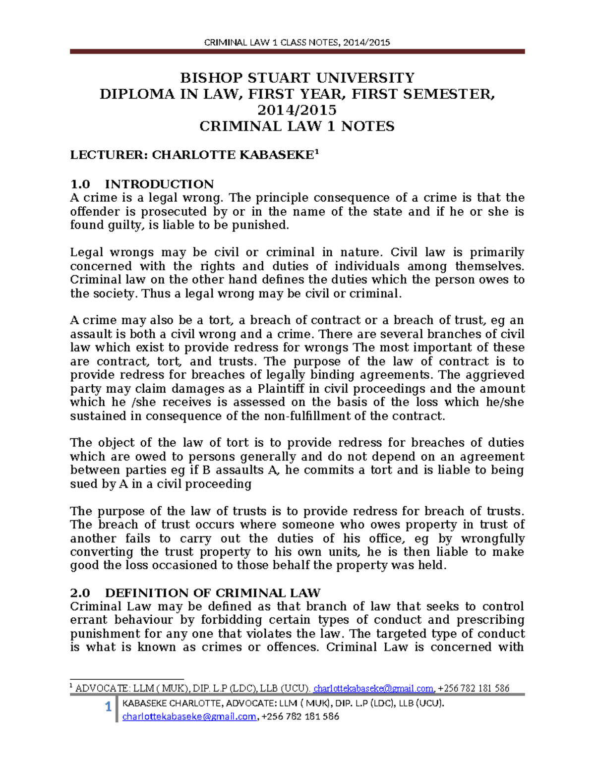 CRIMINAL LAW 1 CLASS NOTES - BISHOP STUART UNIVERSITY, FIRST SEMESTER ...