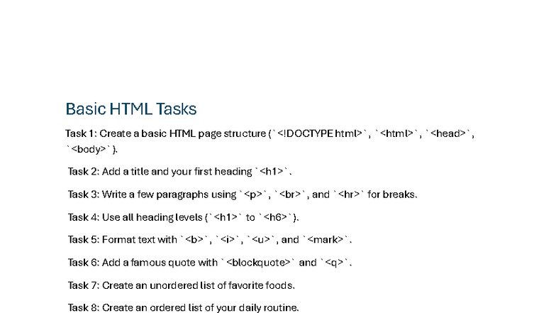 HTML Practice Tasks: Basic Structure & Formatting Techniques - Studocu