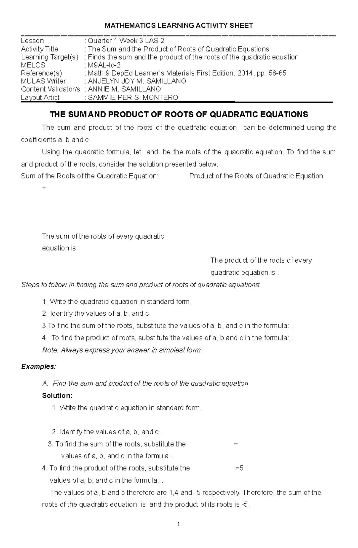 Grade 9 Q1 W3 L2 Anjelyn M. Samillano - MATHEMATICS LEARNING ACTIVITY ...