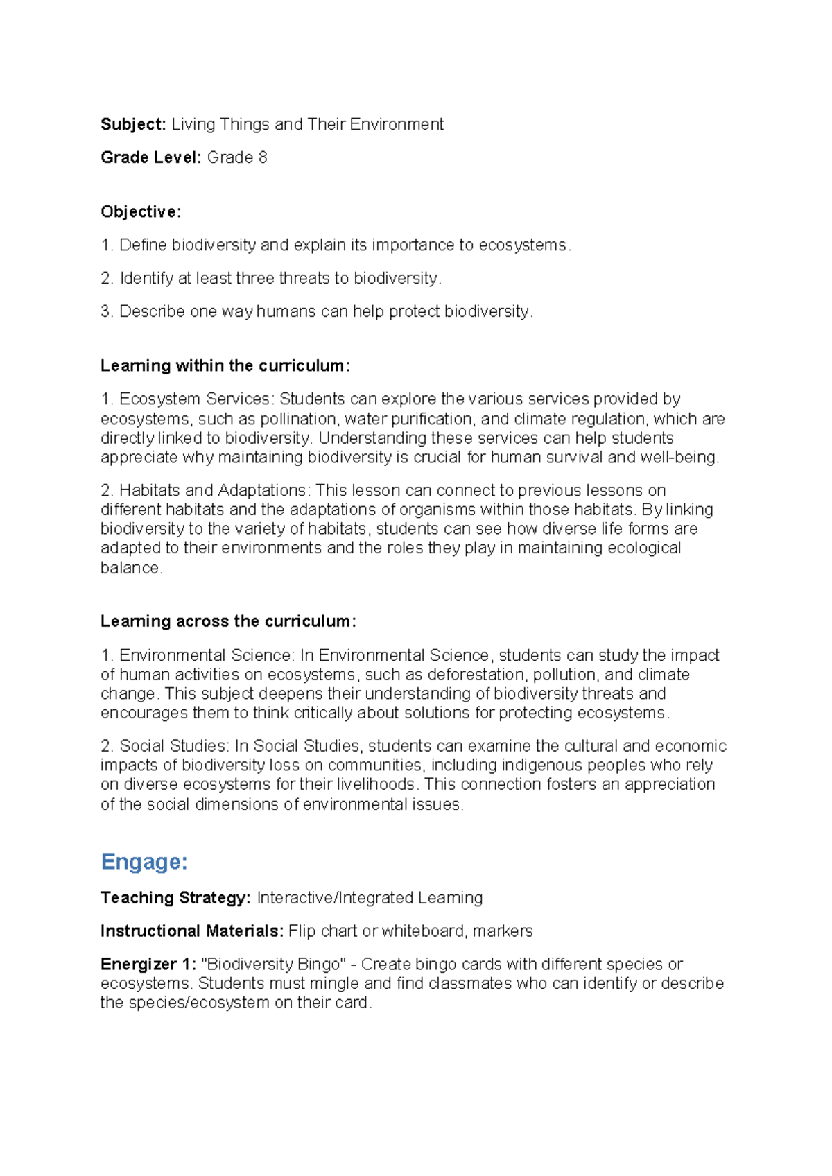 Lesson plan - Biodiversity - Subject: Living Things and Their ...