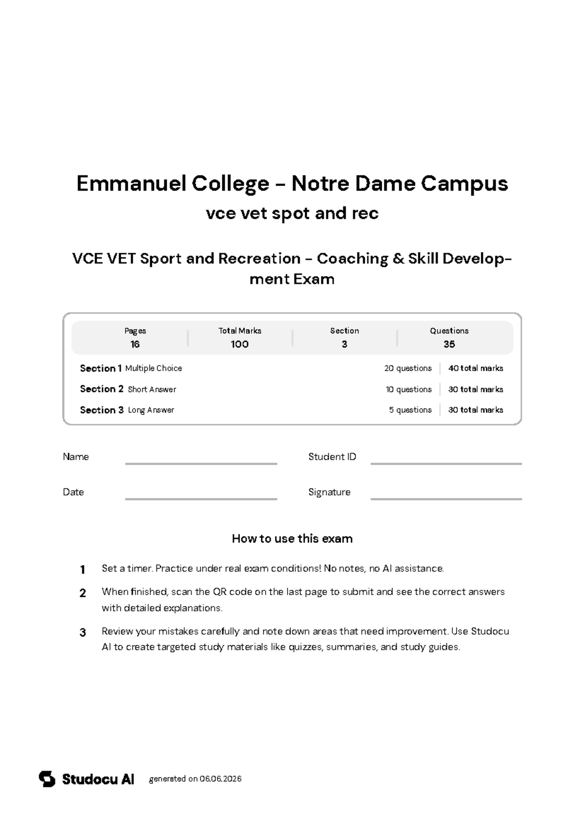 VCE VET Sport & Rec - Coaching Exam - Studocu