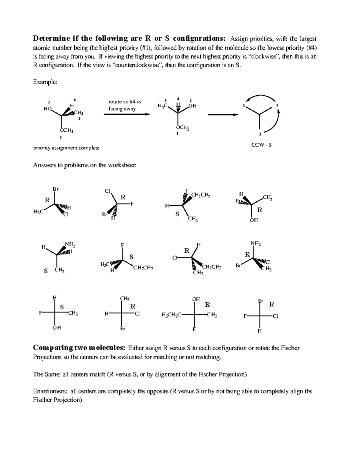 R vs S Configurations Answer Key for Organic Chemistry Worksheet - Studocu