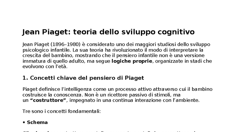 Jean Piaget: Teoria dello Sviluppo Cognitivo e i Suoi Stadi - Studocu