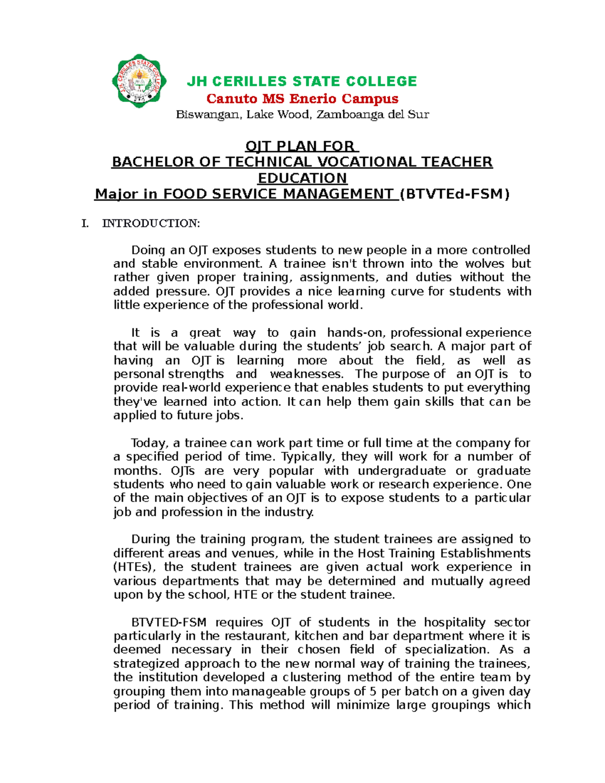 OJT Plan of Btvted 2020 edited version - JH CERILLES STATE COLLEGE ...