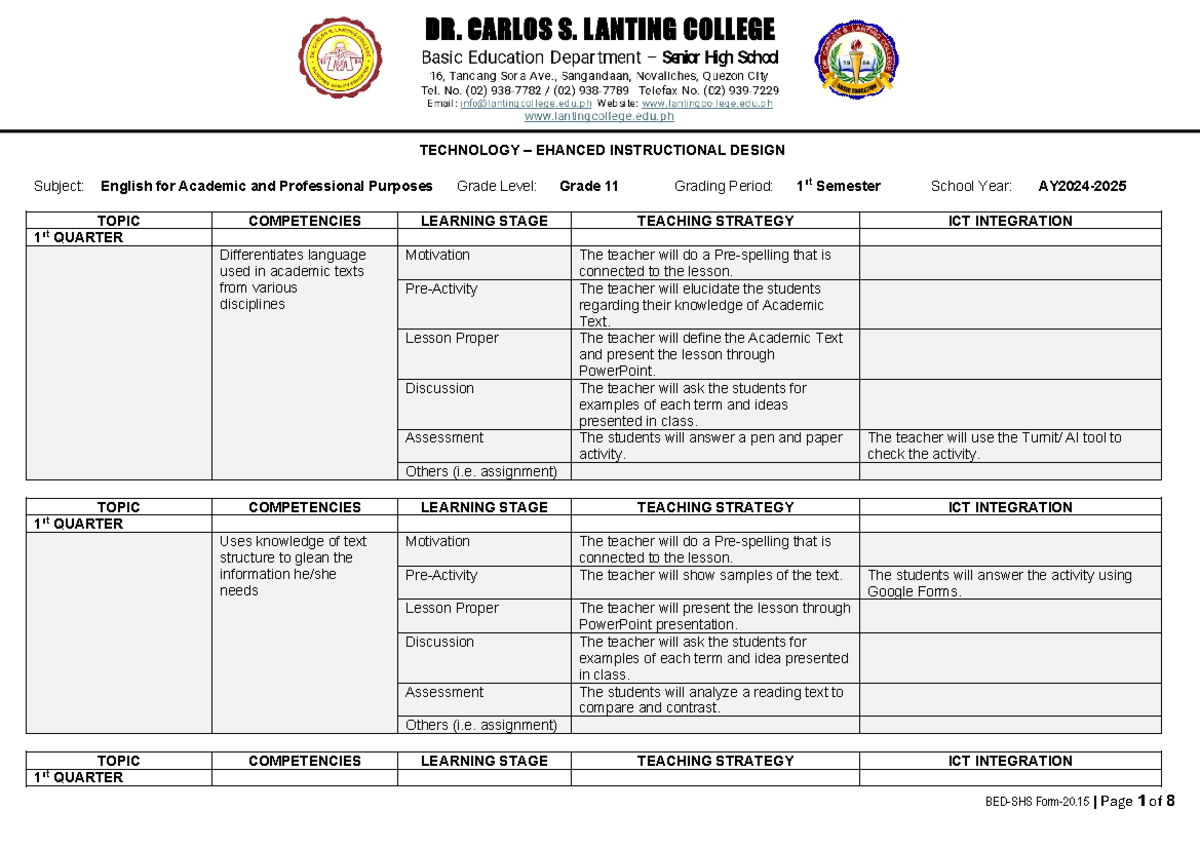 ICT-EAPP - Technology-Enhanced Instructional Design for Grade 11 - Studocu