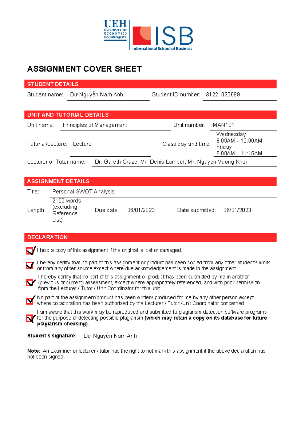 Du-Nguyen-Nam-Anh DH48IBU07 Personal-SWOT-Analysis - ASSIGNMENT COVER SHEET STUDENT DETAILS ...