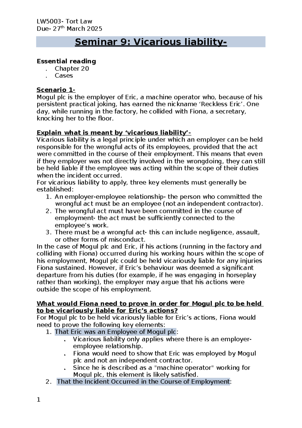LW5003 - Tort Law: Vicarious Liability Scenarios & Legal Analysis - Studocu