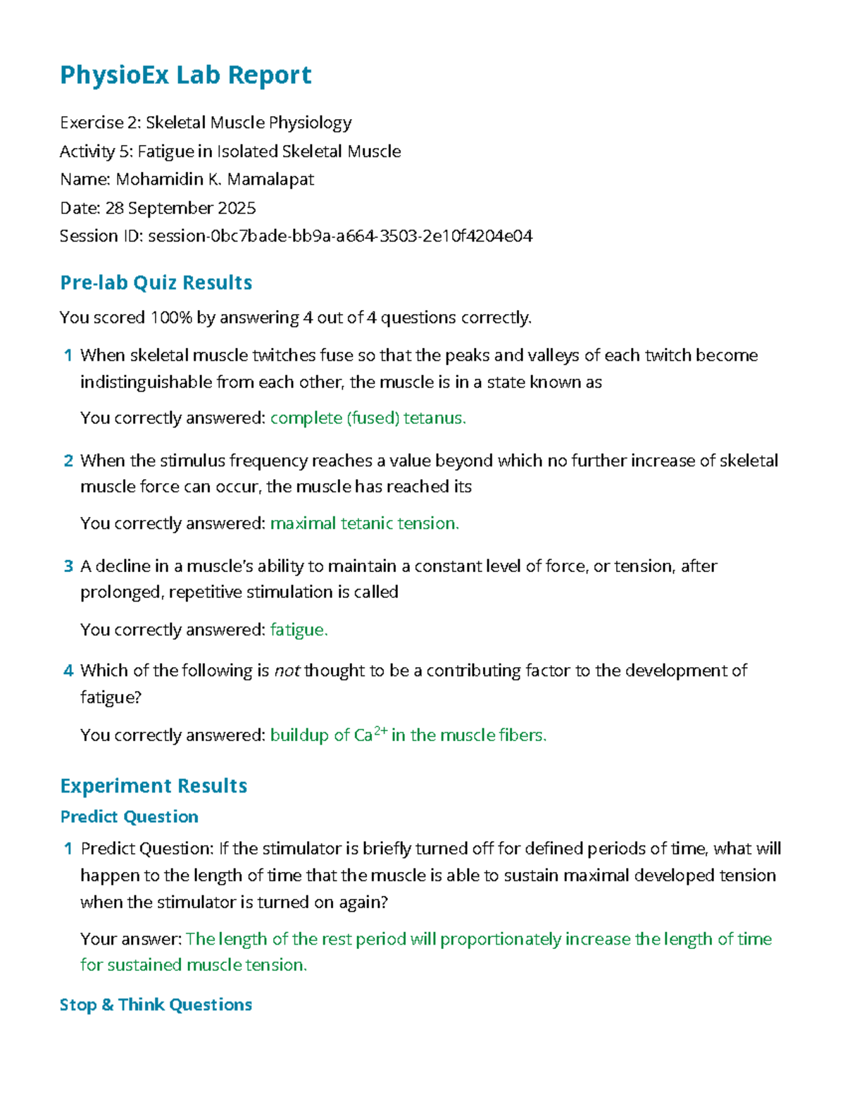 Mamalapat PhysioEx Lab Report: Skeletal Muscle Fatigue (Exercise 2 ...