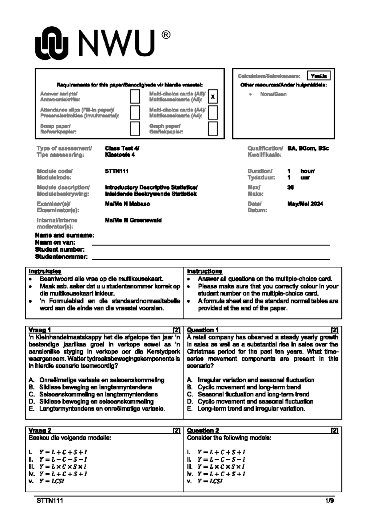 STTN111 2024 Class Test 4: Descriptive Statistics and Probability - Studocu