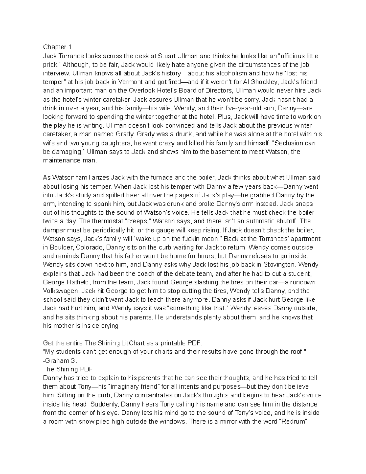 The Shining (ENG 101) - Chapter 1 Summary and Analysis - Studocu