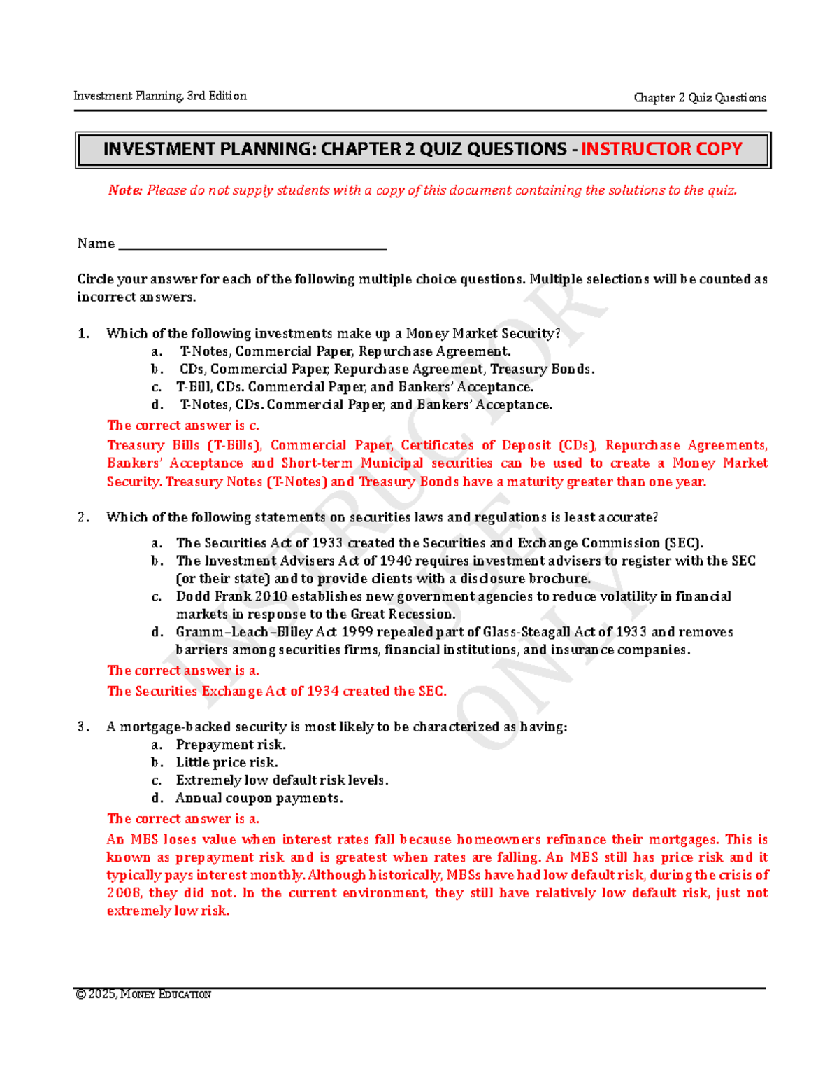 Investment Planning (FIN 101) Chapter 2 Quiz Questions - Instructor ...