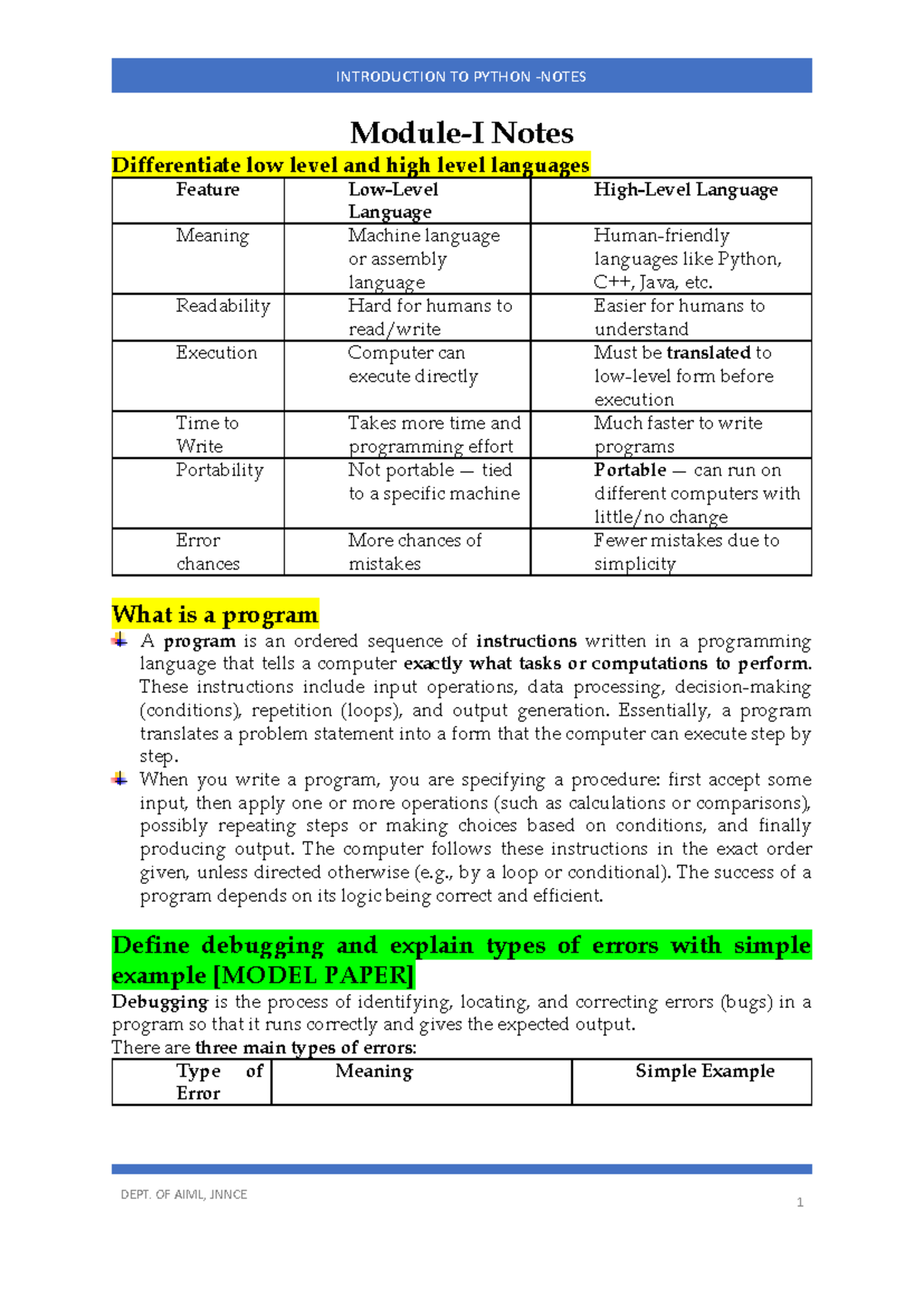 INTRODUCTION TO PYTHON: Key Concepts and Programming Techniques - Studocu