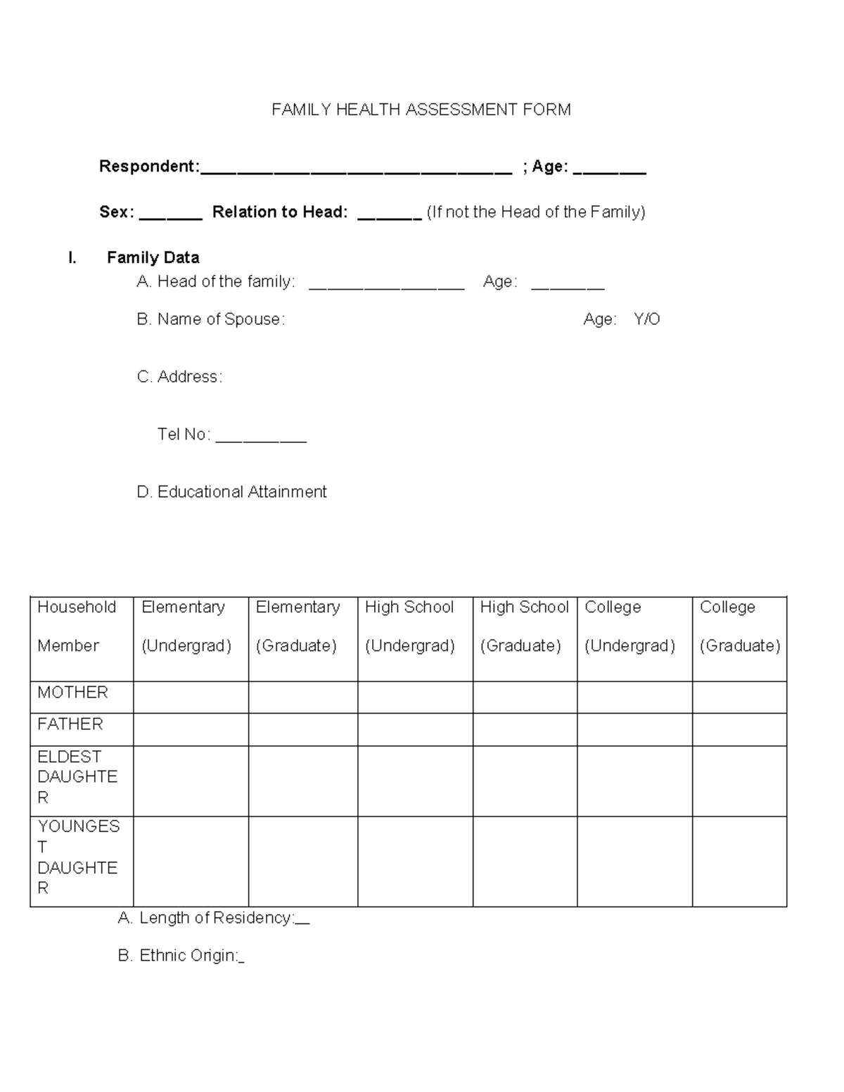 FAMILY HEALTH ASSESSMENT FORM: Template for Data Collection - Studocu