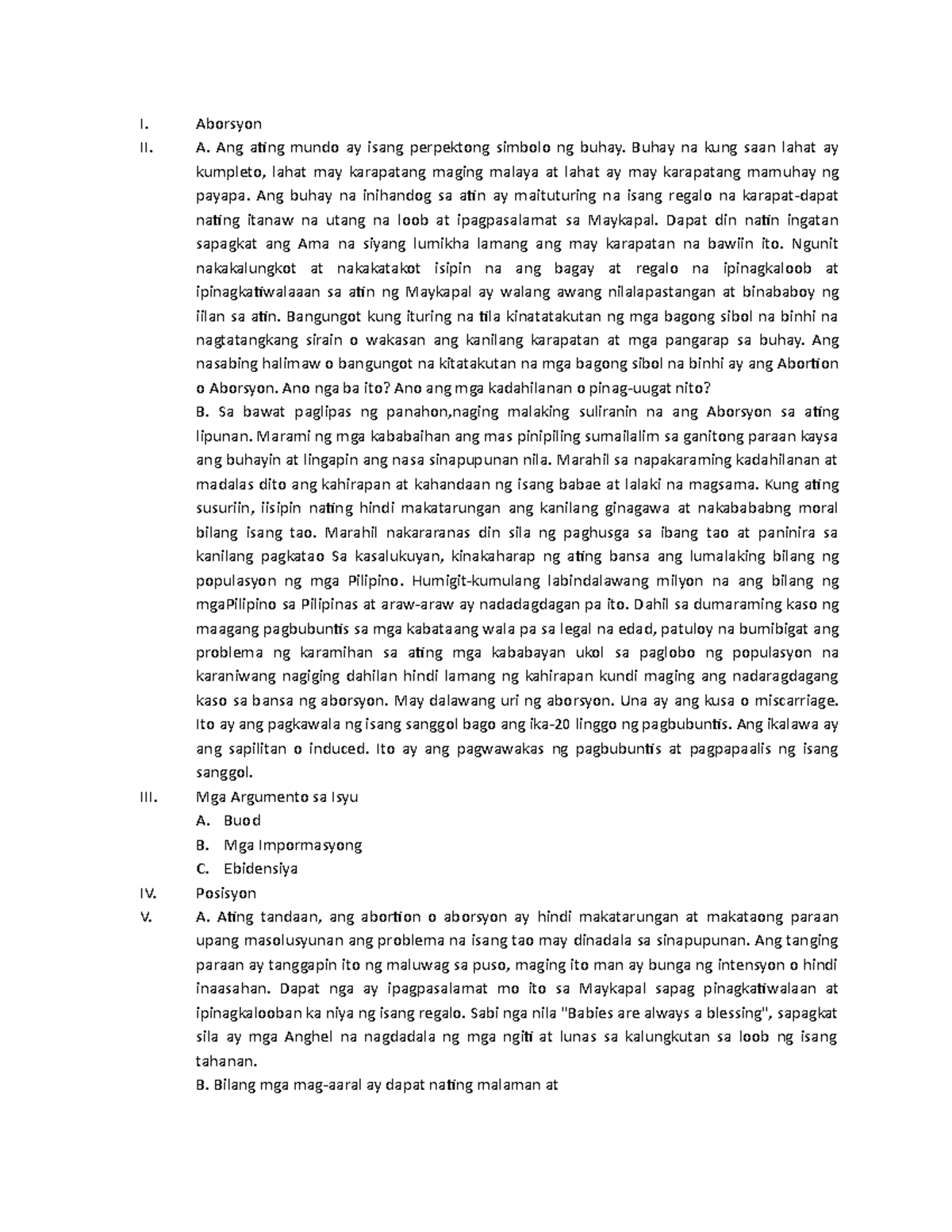 Aborsyon - an article abot abortion in filipino - I. II. III. IV. V ...