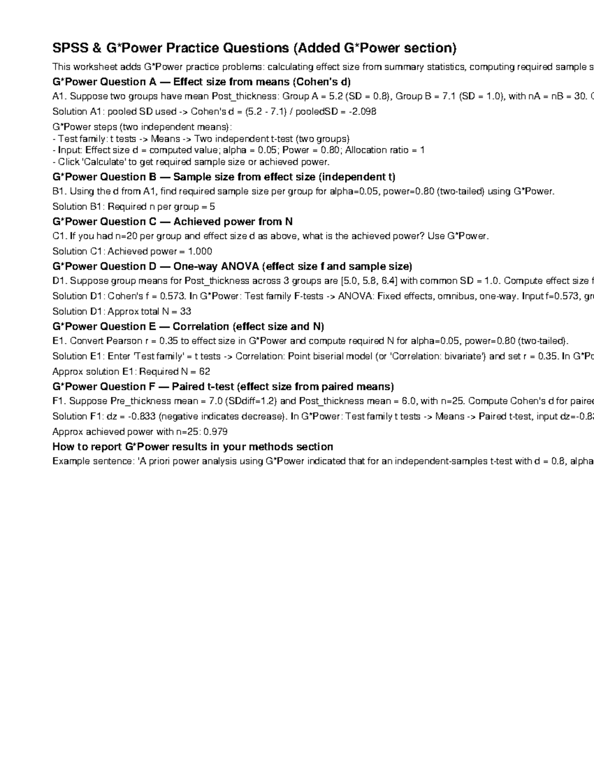 SPSS & GPower Practice Questions for Effect Size & Sample Size - Studocu