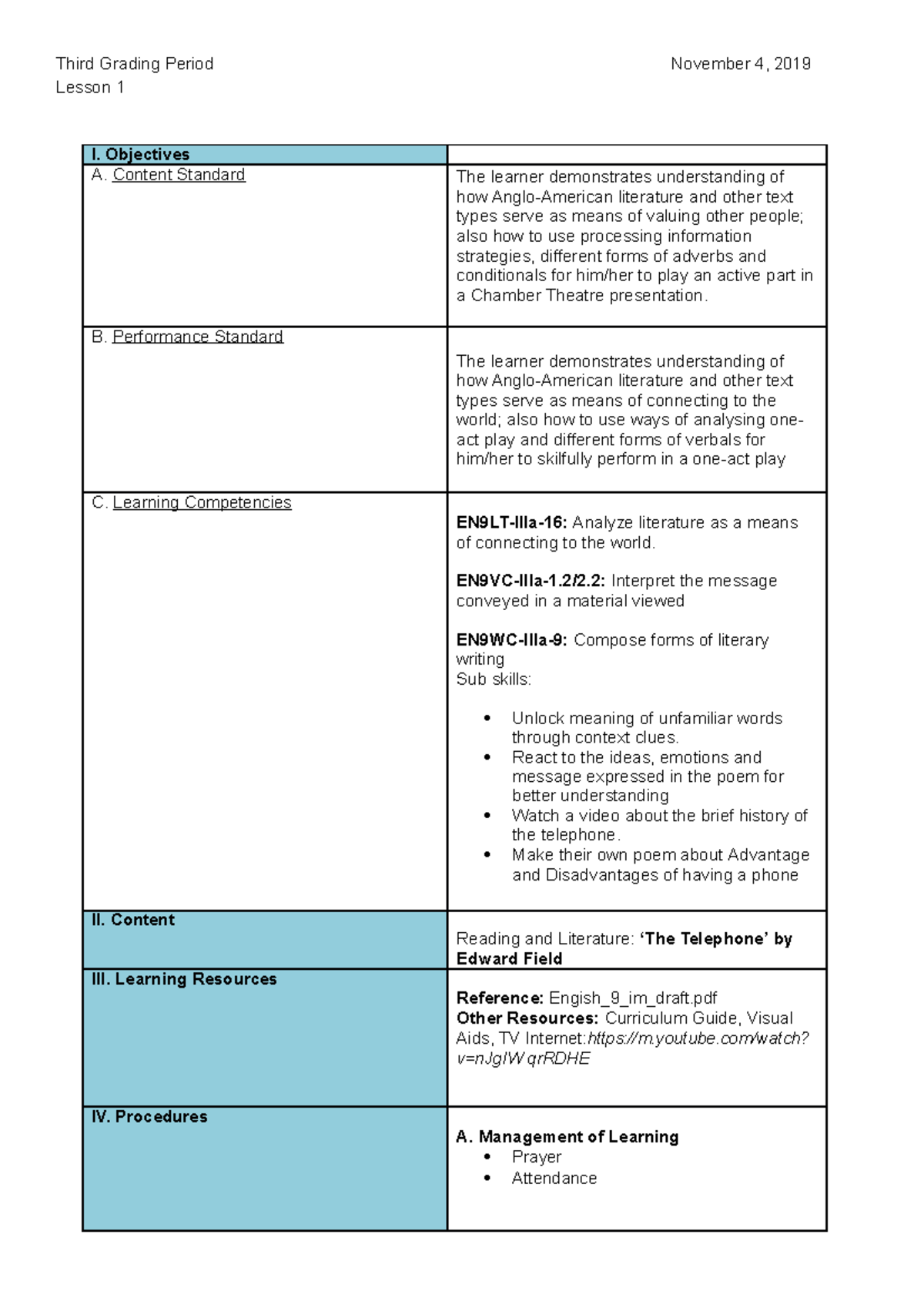 The telephone by edward field - Third Grading Period November 4, 2019 Lesson 1 I. Objectives A ...