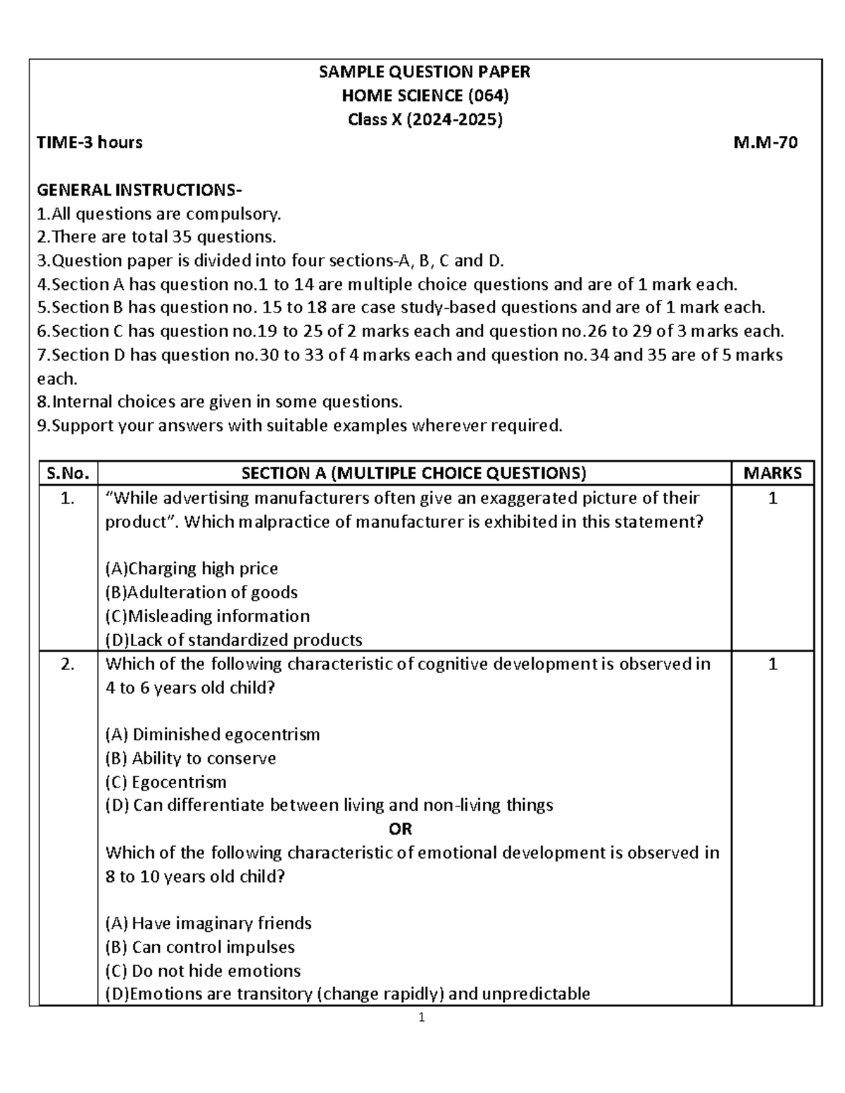 Home Science-SQP - Most imp questions - SAMPLE QUESTION PAPER HOME ...