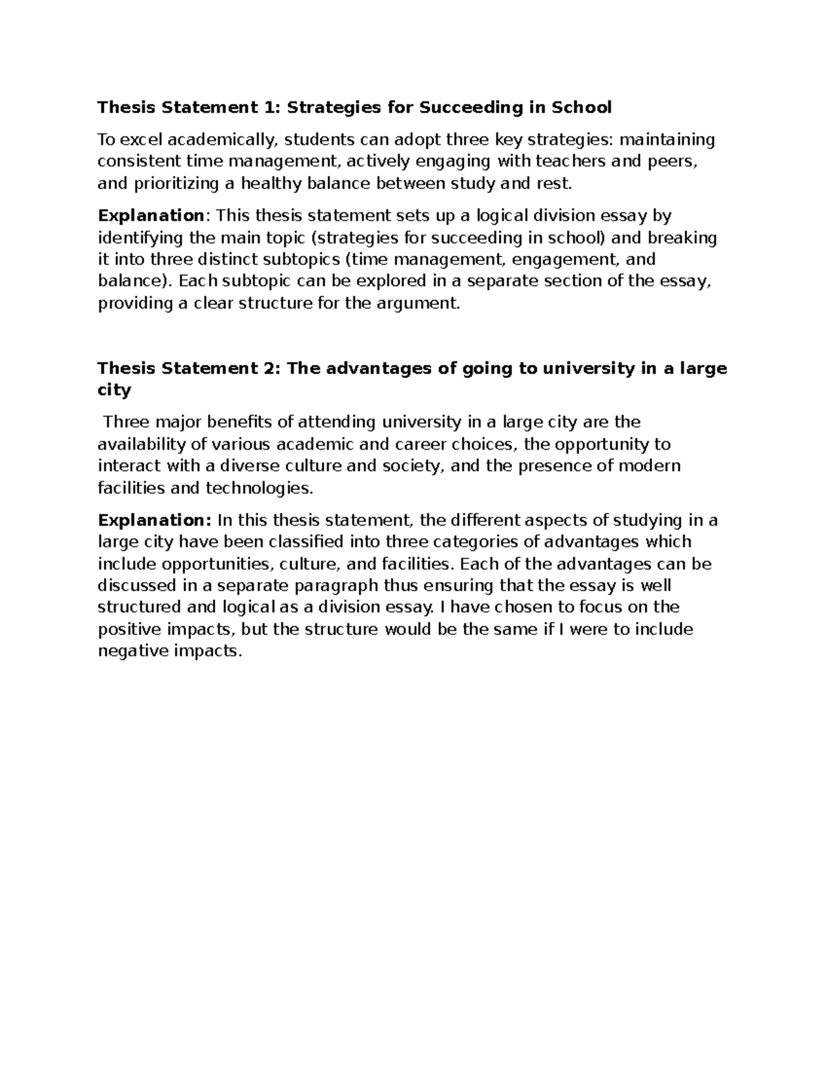 Thesis statements for academic success and university advantages - Studocu