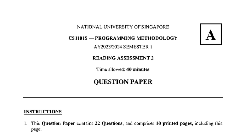 Reading assessment RA2 2324s1 - NATIONAL UNIVERSITY OF SINGAPORE CS1101S — PROGRAMMING ...