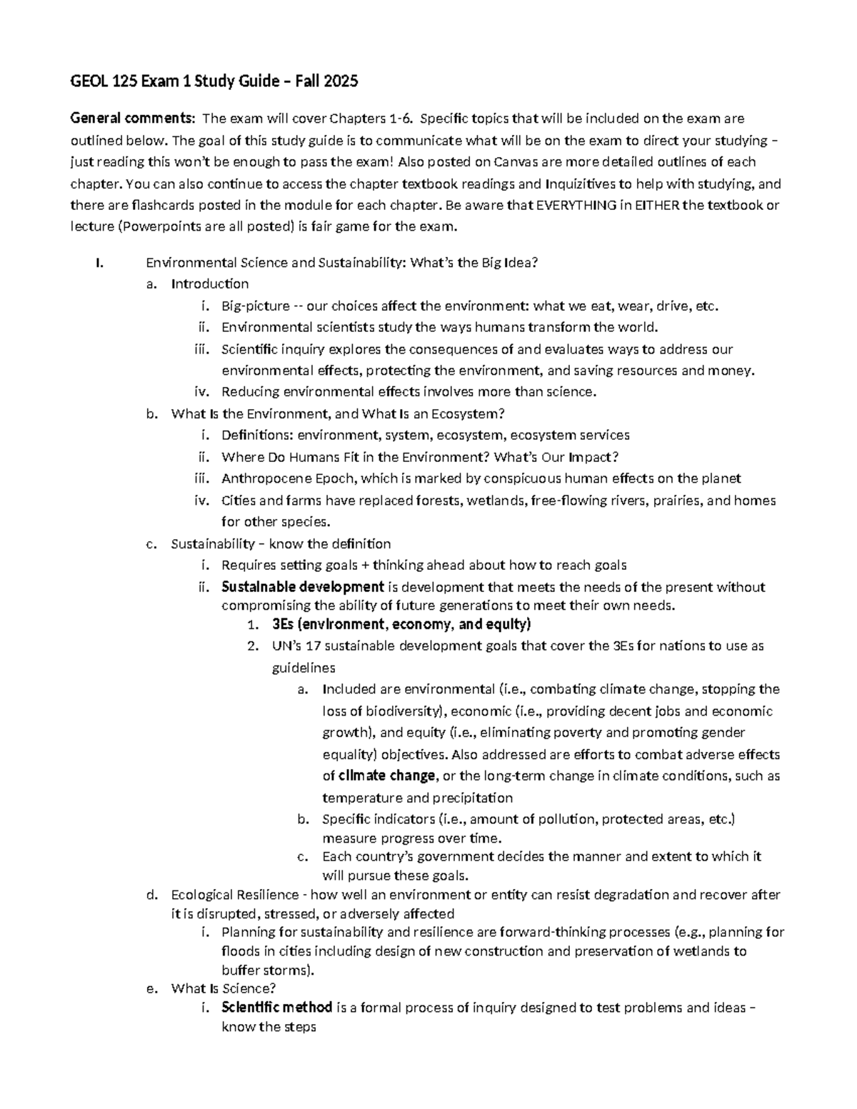 GEOL 125 Exam 1 Study Guide: Environmental Science & Sustainability ...