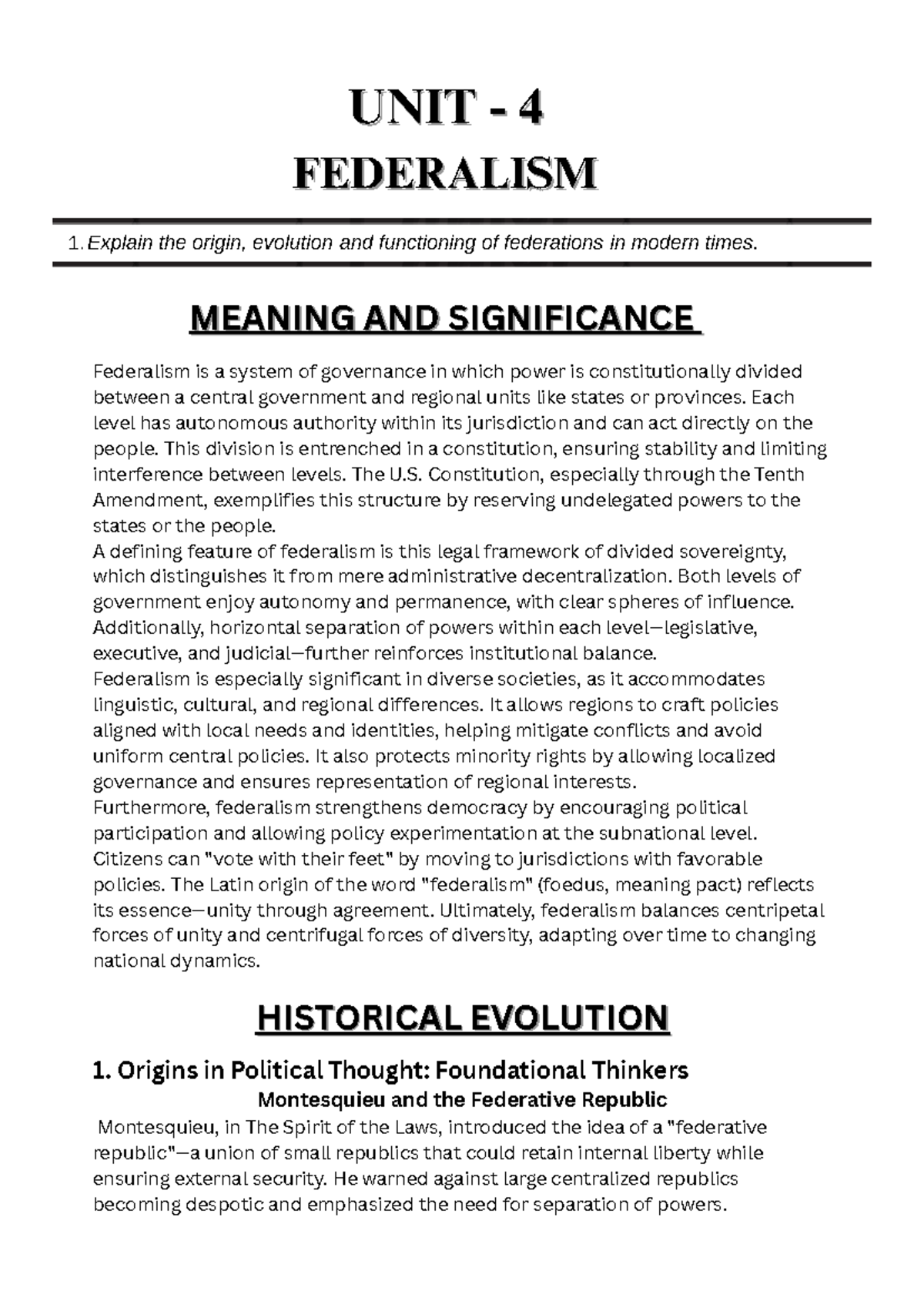UNIT 4: Federalism - Origins, Evolution, and Significance in Global ...