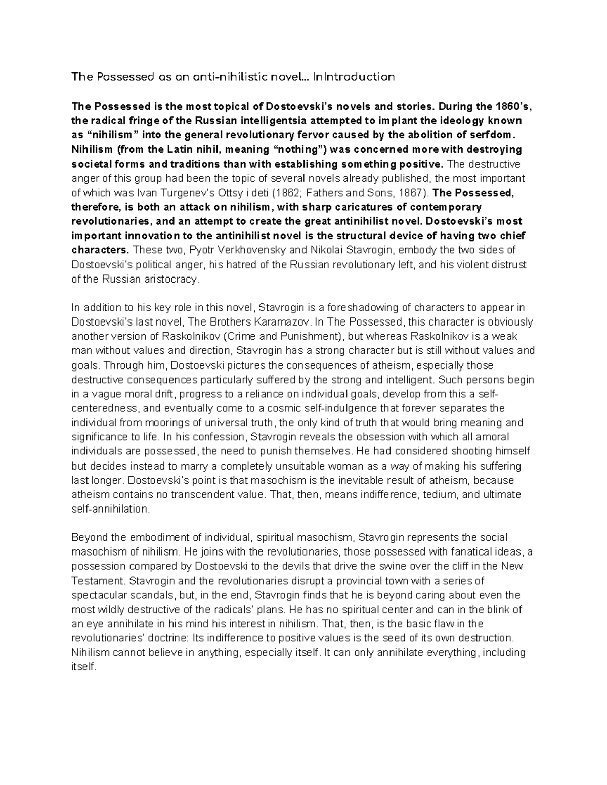 The Possessed (ENG 101): Analyzing Anti-Nihilism in Dostoevsky's Novel ...