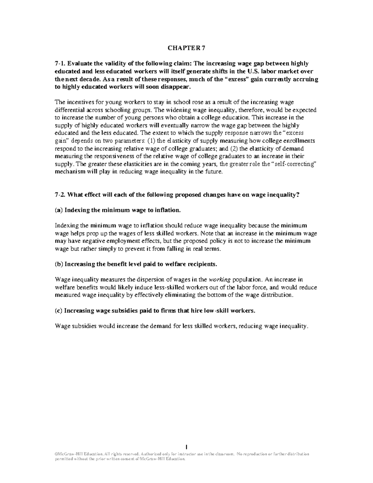 Chapter 7 Solutions Labor Economics Keys Answer - ©McGraw-Hill ...