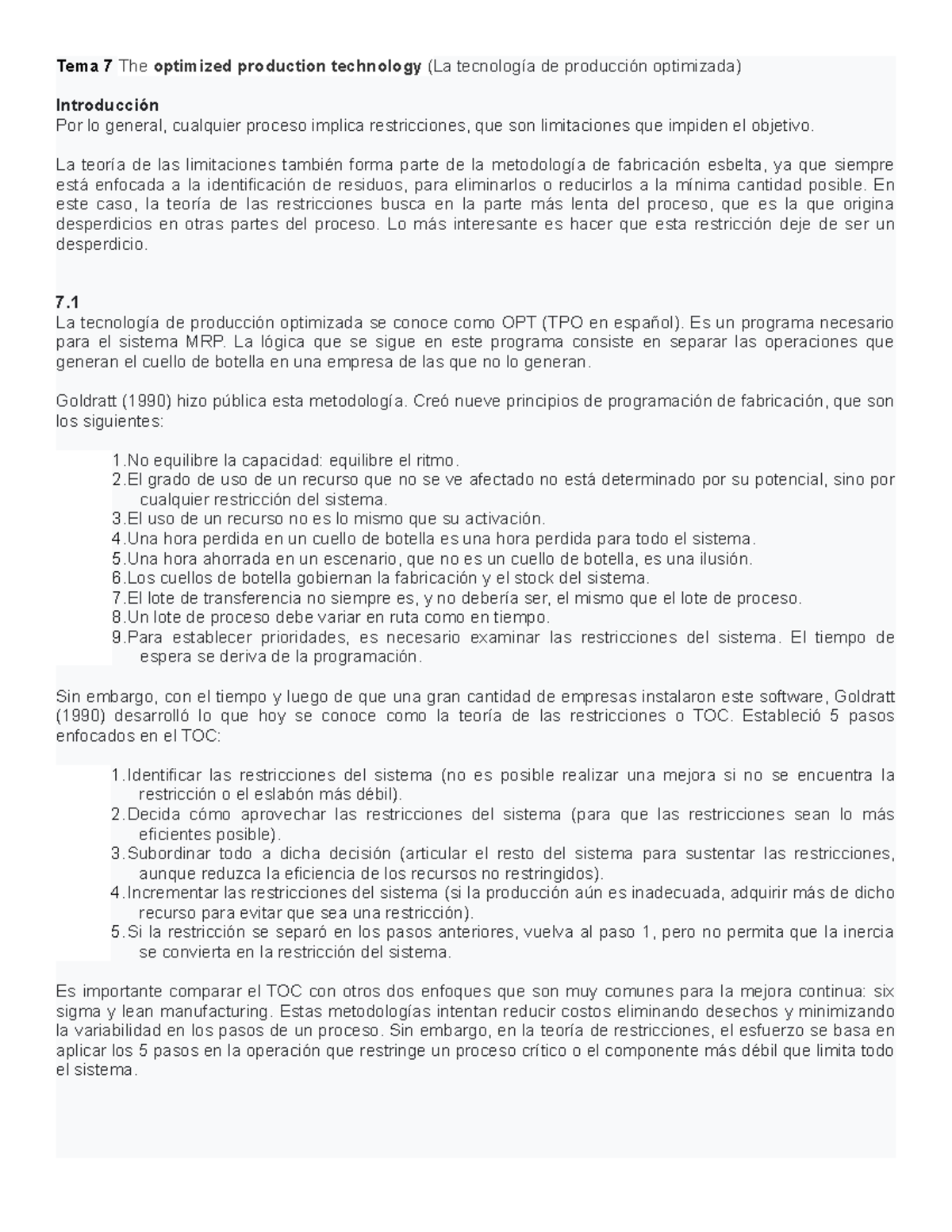 Tema 7 OPT optimized production technology - clase - Tema 7 The ...