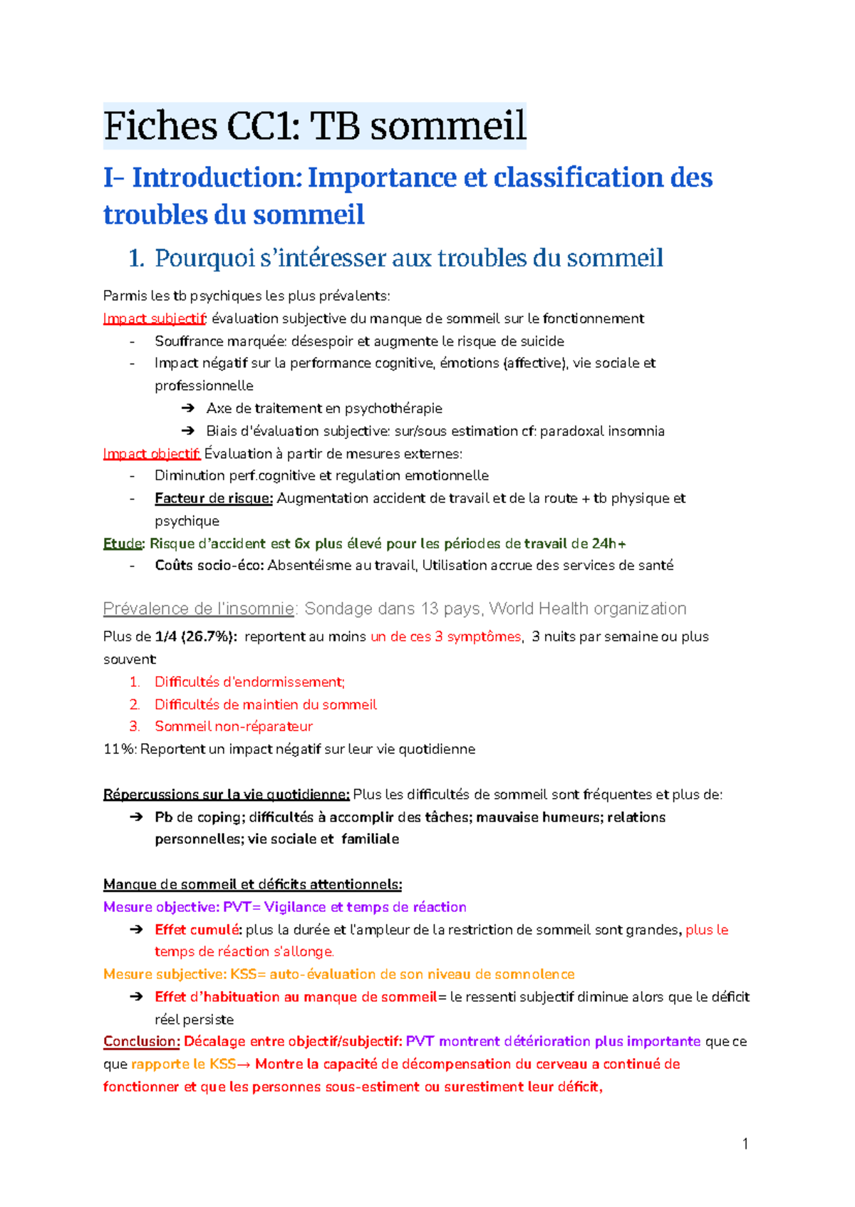 Fiches d'Étude sur les Troubles du Sommeil - CC1 - Studocu