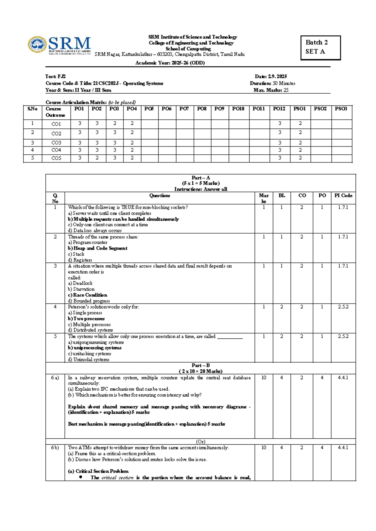 21CSC202J Operating Systems II Year Sem B2 Test Answer Key - All Sets ...