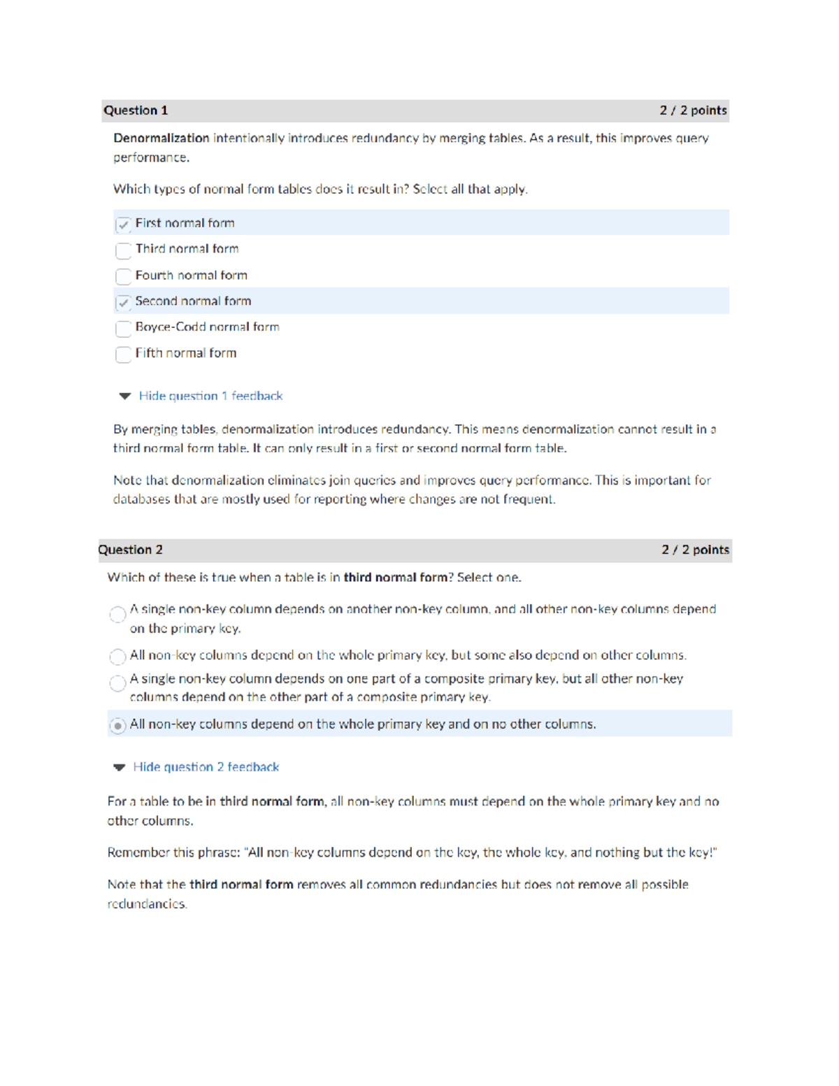 5-1 Quiz on Database Normalization and Query Performance - Studocu