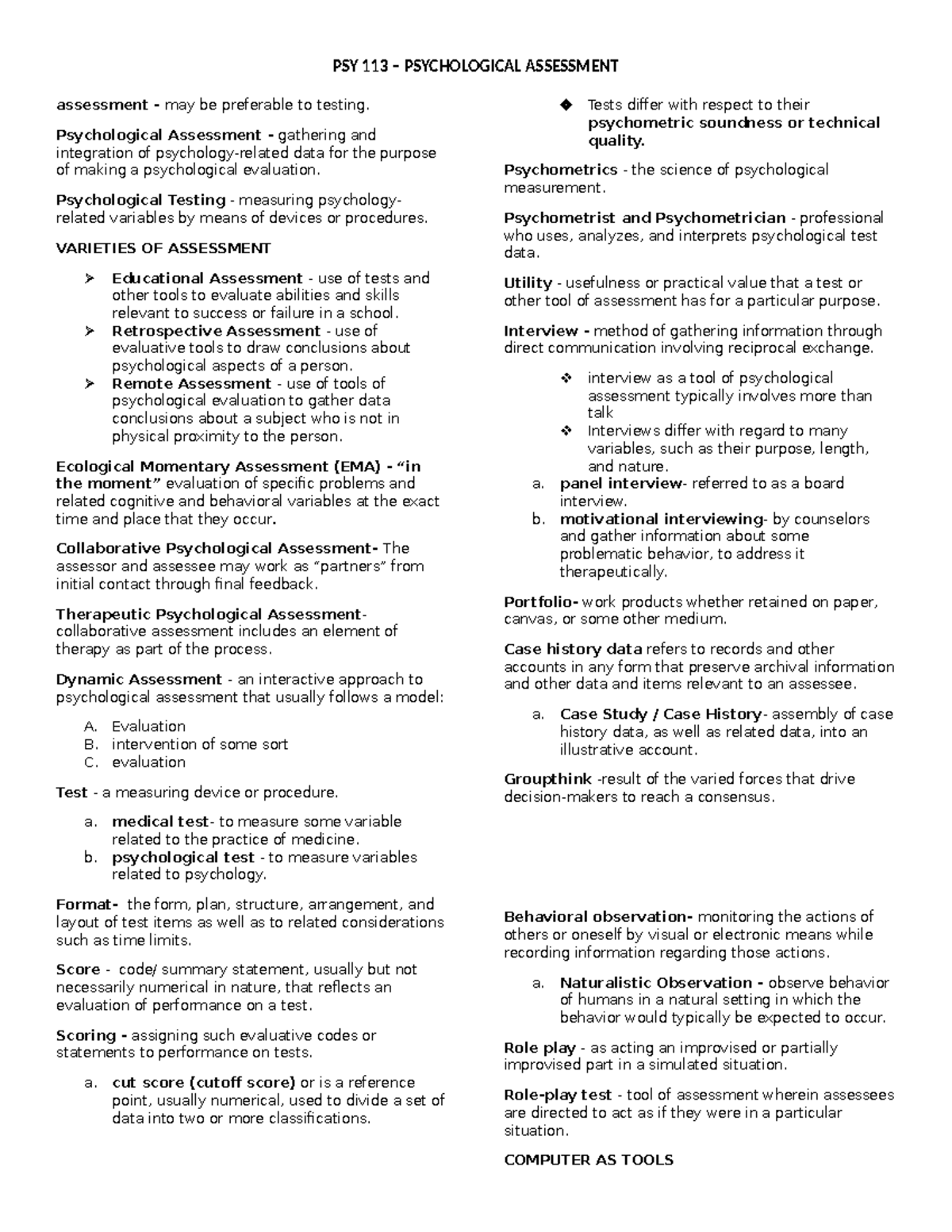 PSY 113 - Comprehensive Overview of Psychological Assessment - Studocu