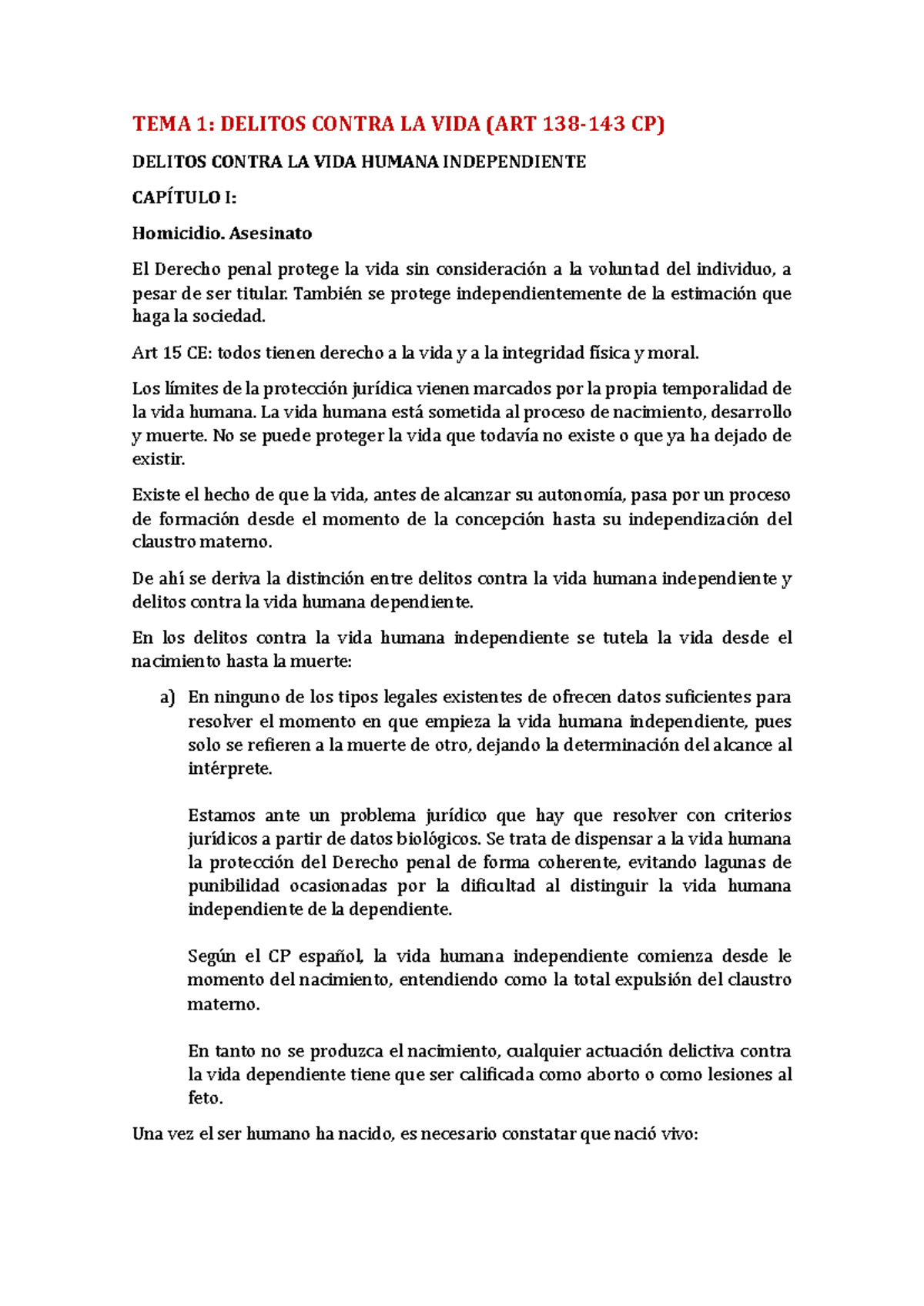 TEMA 1: DELITOS CONTRA LA VIDA HUMANA INDEPENDIENTE Y DEPENDIENTE (CP ...