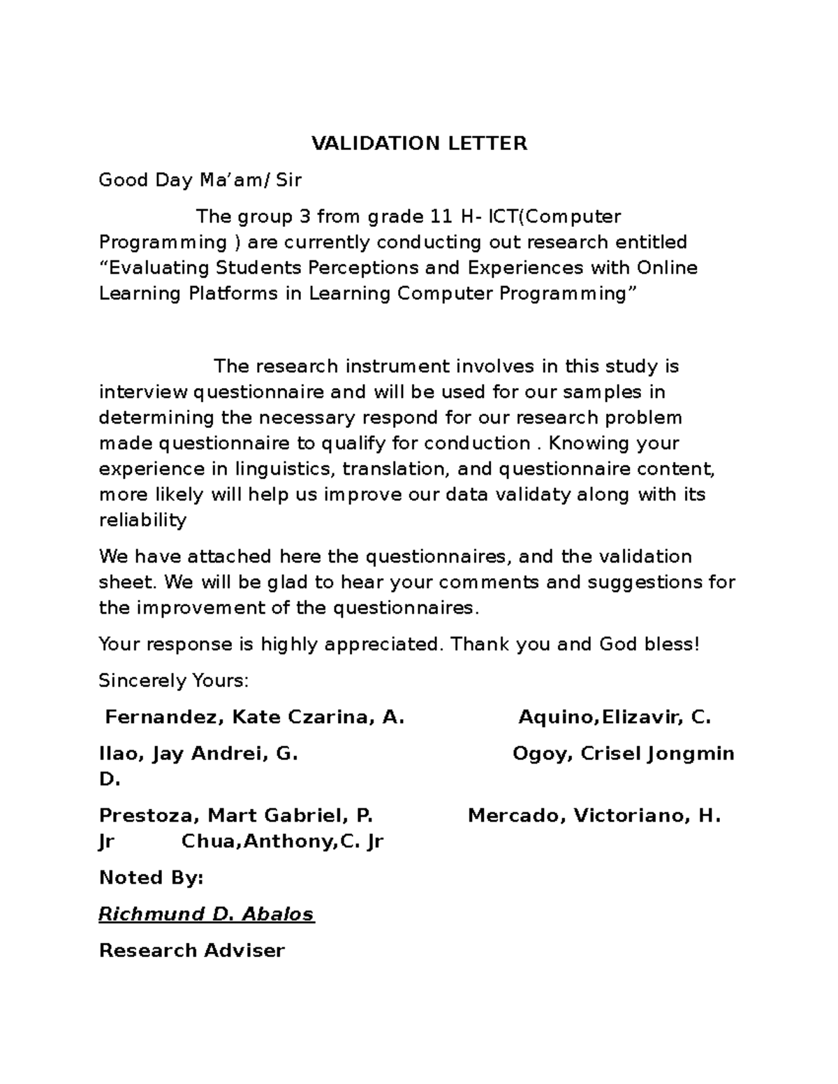 Validation Letter for Research on Online Learning Platforms - Grade 11 ...