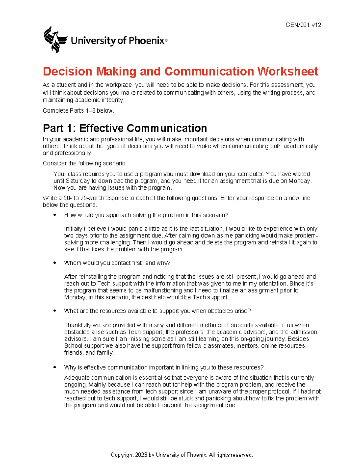 GEN/201 v Decision Making and Communication Worksheet: Week 3 Guide ...