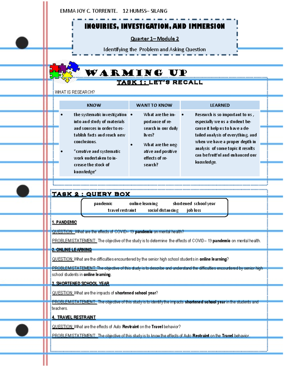Inquiries and Immersion: Research Insights - Q1 Module 2 - Studocu
