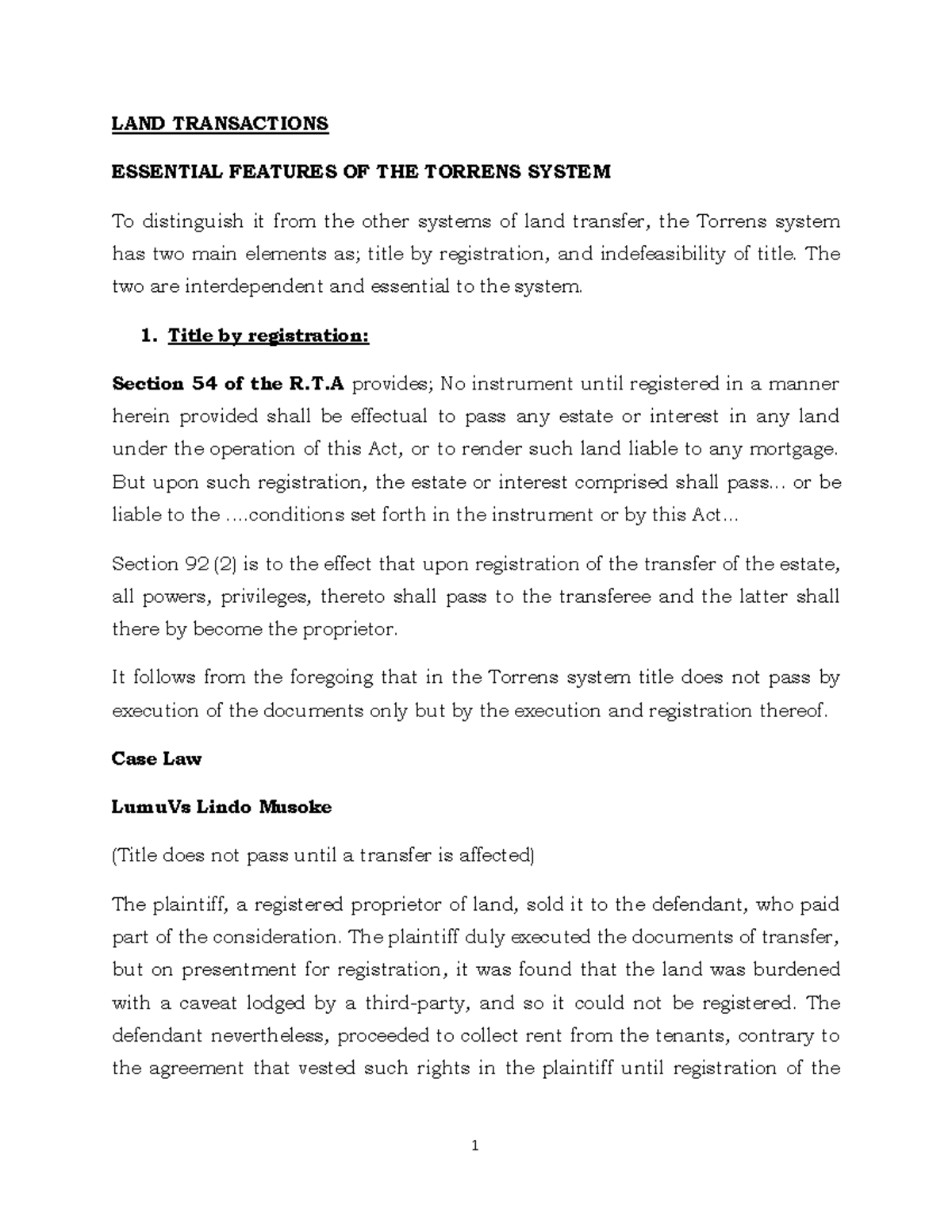 Land Law II - Lecture Notes on Torrens System Features - Studocu