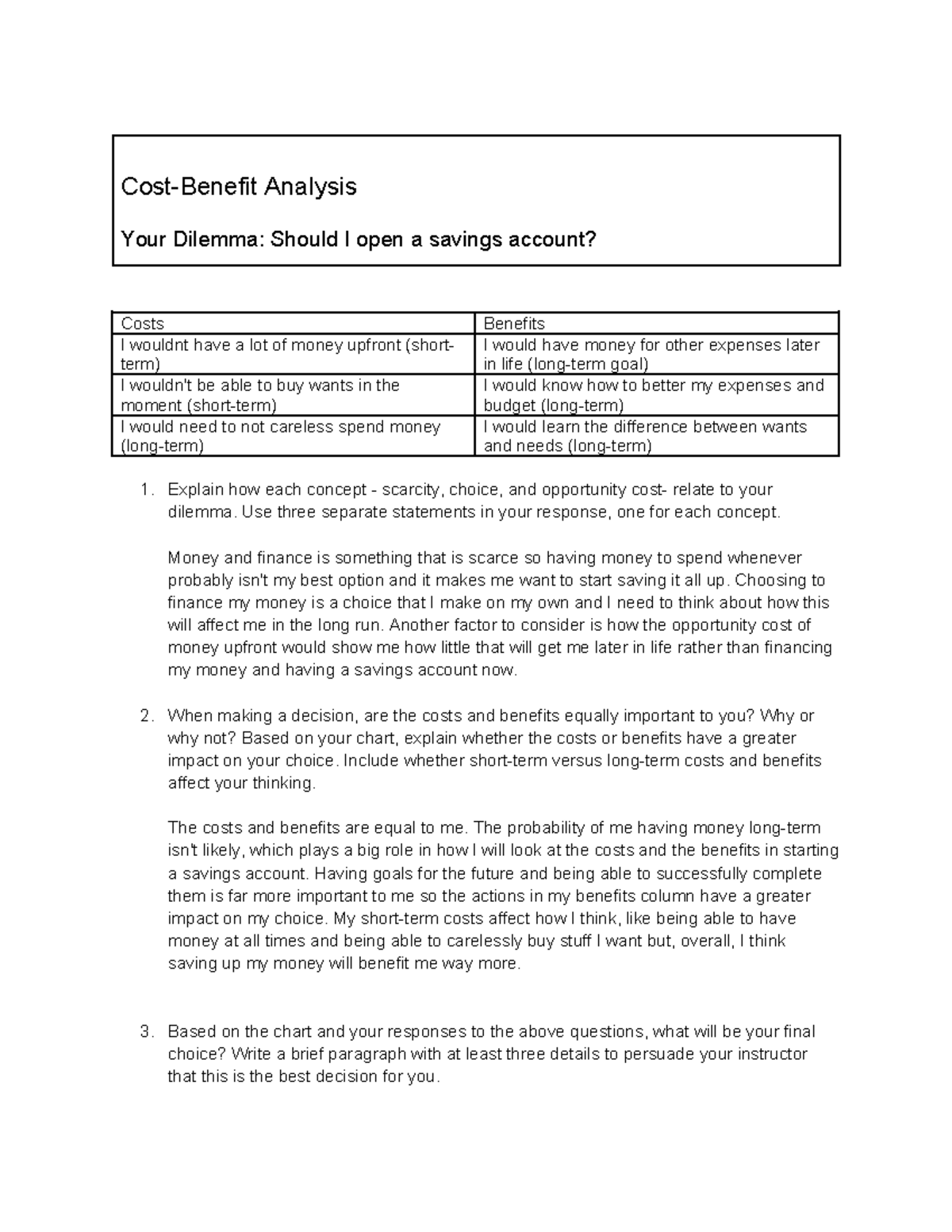 1.02 Cost-Benefit Analysis: Evaluating Scarcity and Smart Choices - Studocu